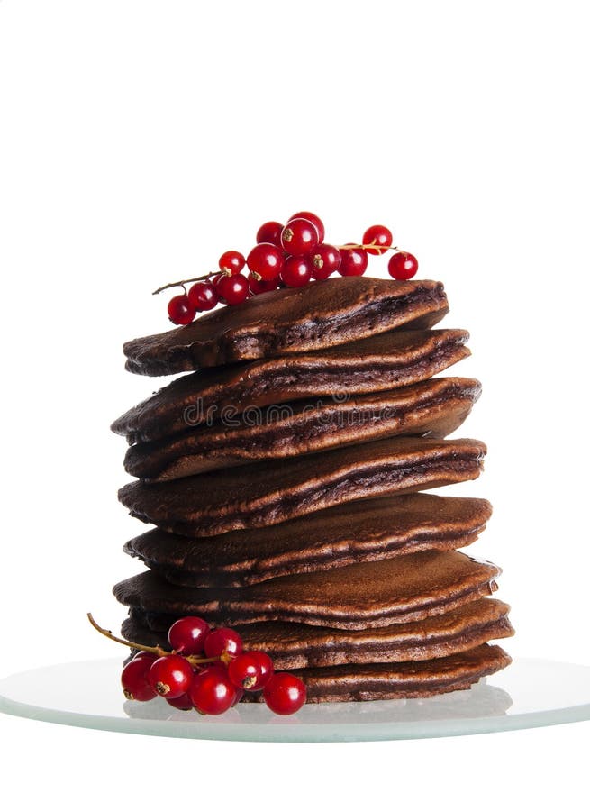 Stack of Small Chocolate Pancakes in Chocolate Syrup with Currant on ...