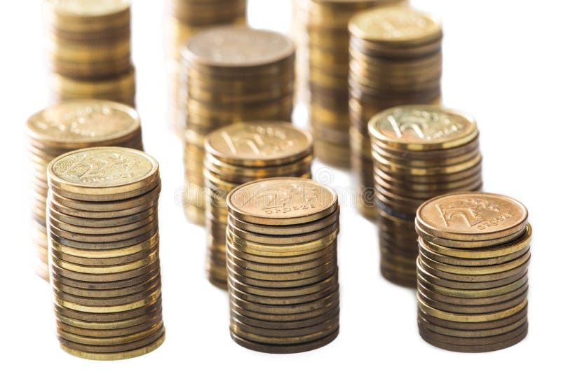 Stack of Small Coins / Polish Money on the White Background Stock Photo ...