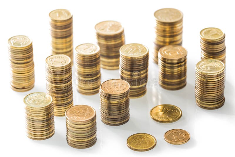 Stack of Small Coins / Polish Money on the White Background Stock Image ...