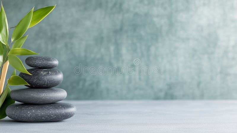 A Stack of Smooth Basalt Stones Rests Alongside Vibrant Bamboo ...