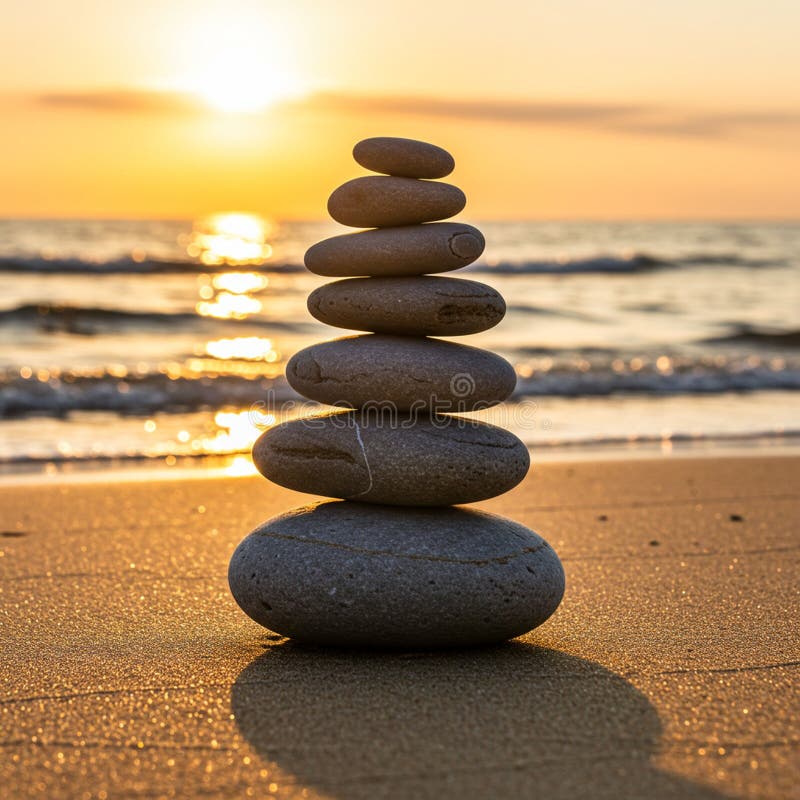 A Stack of Smooth, Flat Stones is Balanced on a Sandy Beach at Sunset. the Stones Stock ...