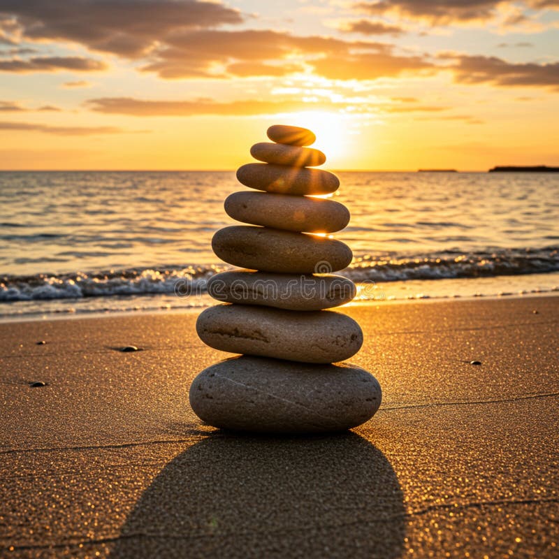 A Stack of Smooth, Oval-shaped Pebbles is Balanced on a Sandy Beach ...