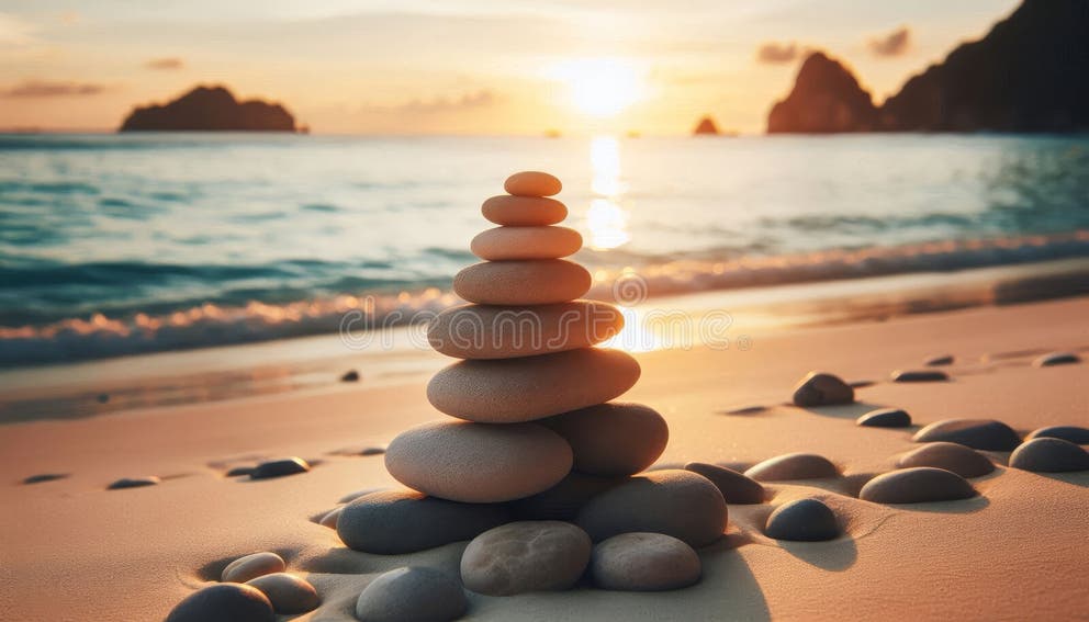 Stack of Smooth Pebbles on Sandy Beach at Sunset with Ocean Waves and ...