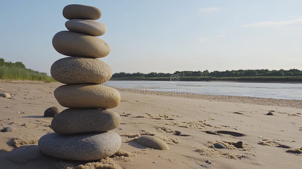 A Stack of Smooth River Rocks Arranged in a Balanced Tower on a Sandy ...