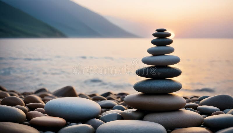 Zen Stone Tower at Sunset Beach Stock Image - Image of backdrop ...