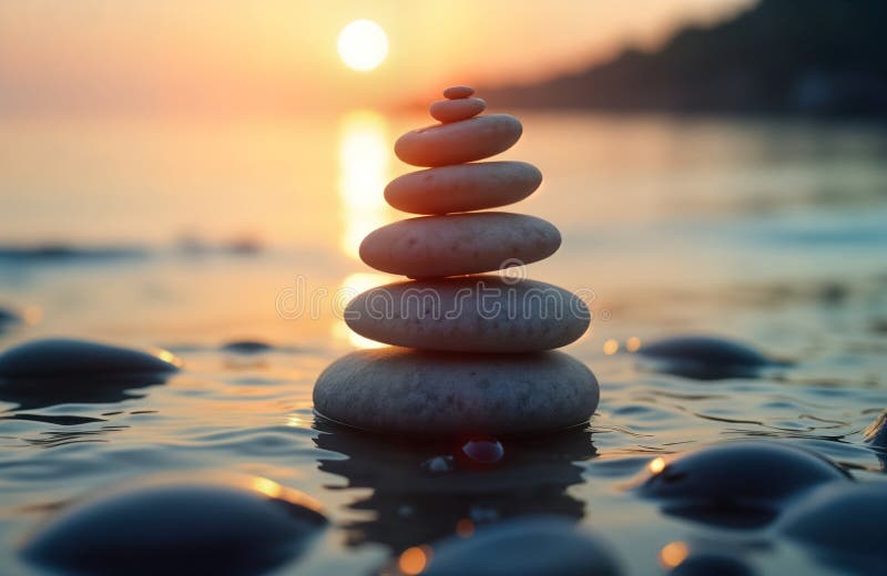 Stack of Smooth Round Stones Balances in Shallow Water at Sunset on ...