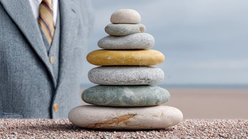 Stack of Smooth Stones with Businessman in Suit on Beach Background ...