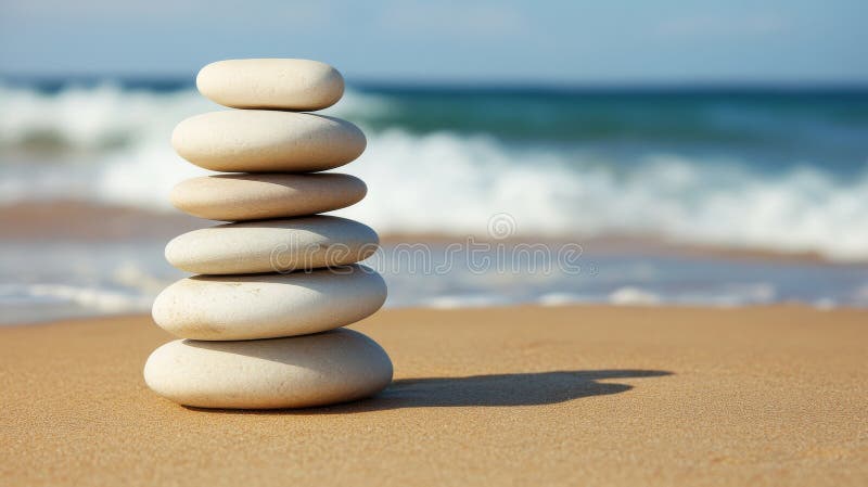 Stack of Smooth Stones on Sandy Beach, Serene Coastal Scene. Balance ...
