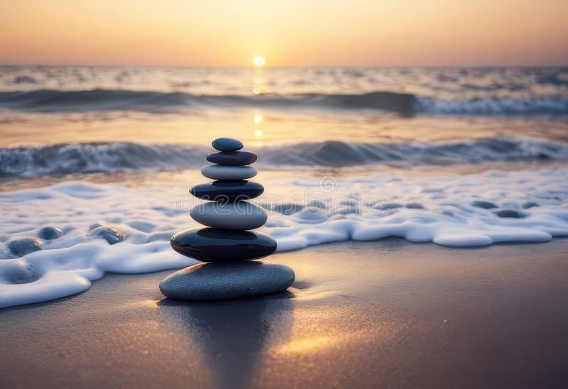 A Stack of Smooth Stones on a Sandy Beach at Sunset, with the Sea and ...
