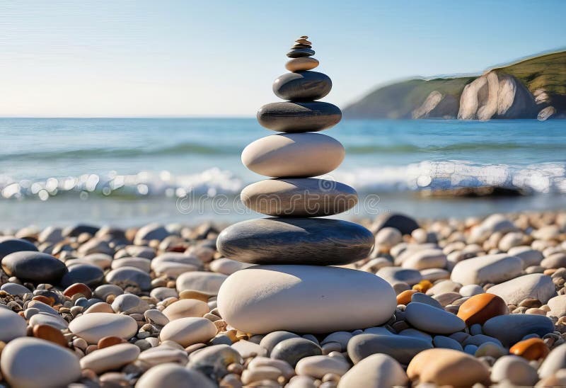 A Stack of Smooth Stones on a Sandy Beach at Sunset, with the Sea and ...