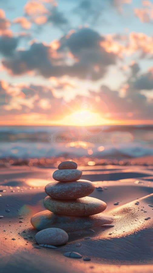 Stack of Smooth Stones on Sandy Beach at Sunset, Tranquil Scene with ...