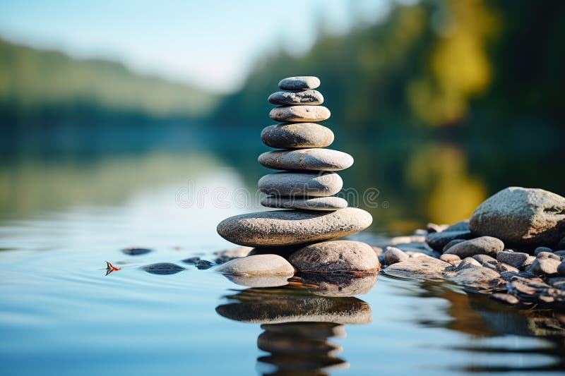 A Stack of Smooth Stones on the Shore of a Lake or River. Generative AI ...