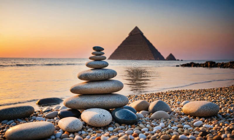 A Stack of Smooth Stones Sits on a Pebbled Beach with an Ancient ...