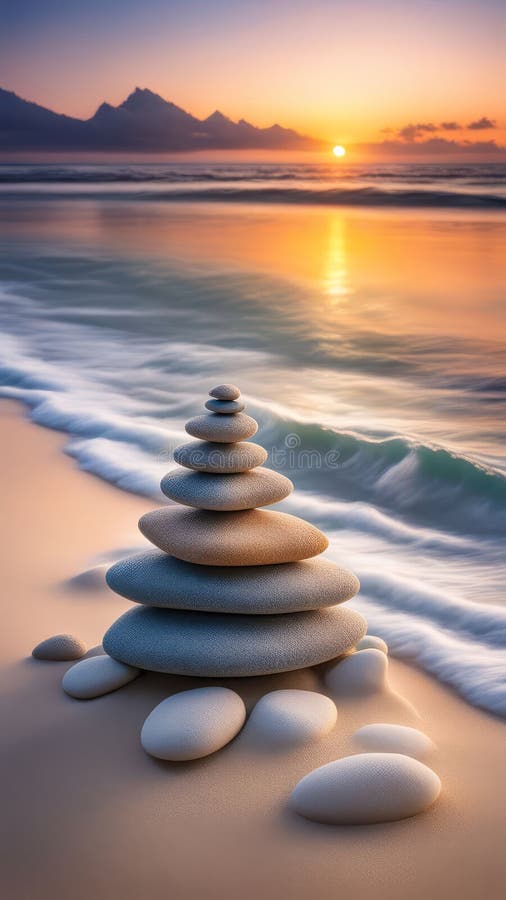 Stack of Smooth Zen Stones on Sandy Beach with Ocean Waves and Colorful ...