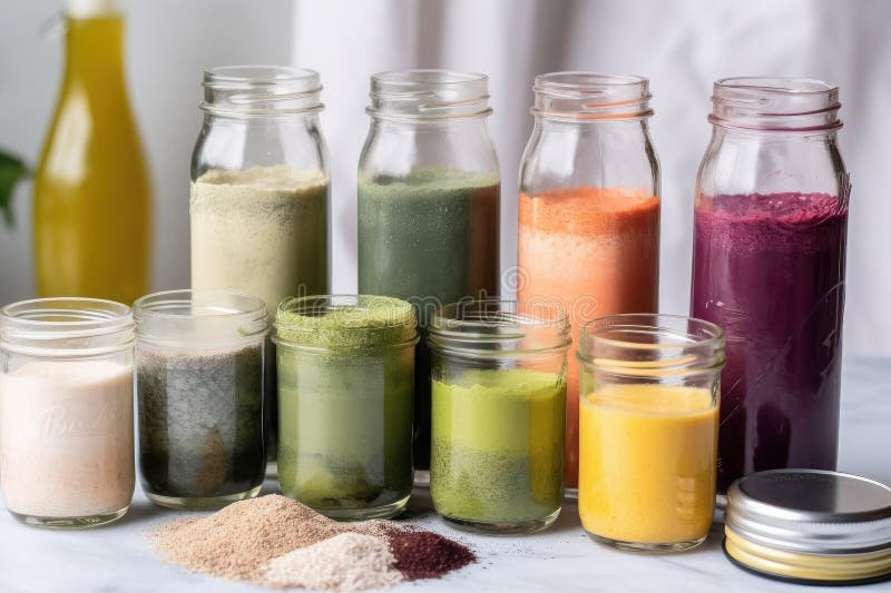 Stack of Smoothies and Shakes in Glass Jar, with Ingredient Labels ...