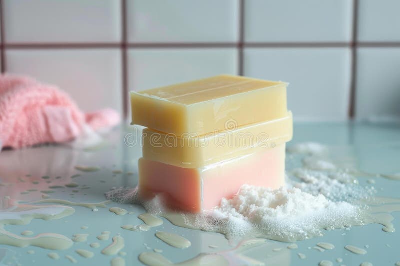 Stack of Soap Bars Covered in Soapy Water is Sitting on Wet Bathroom ...