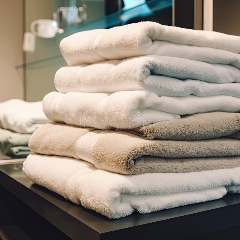 Stack of Soft Bath Towels on Table. Hotel Laundry Room, Spa Saloon ...
