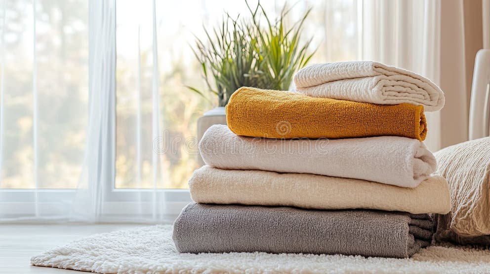 A Stack of Soft Blankets Styled in a Bright, Clean Room for Home ...