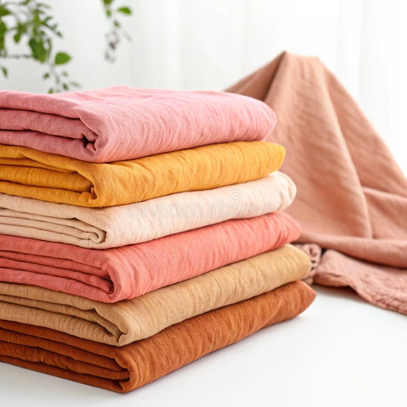 Stack of Soft Fabrics in Warm Tones Isolated on White Background Stock ...