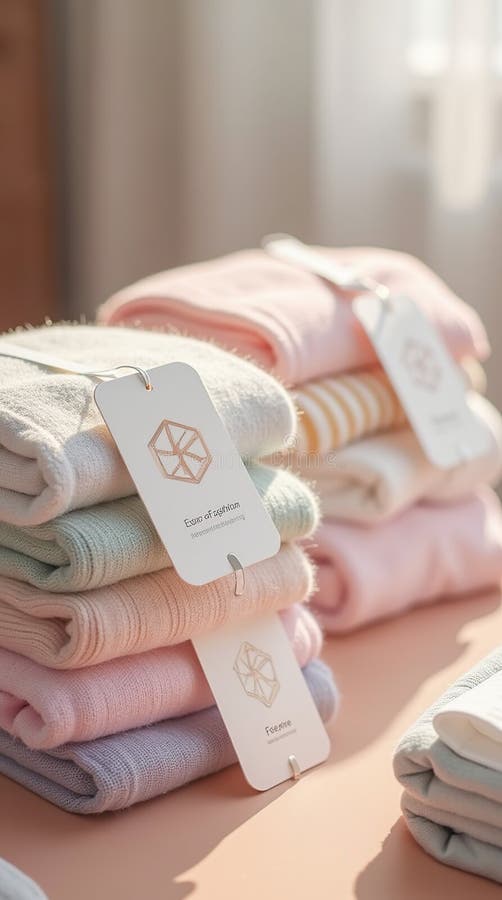 Stack of Soft Folded Pastel Colored Textiles with Elegant Branding Tags ...
