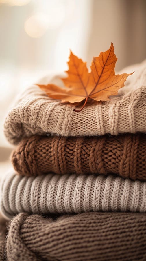 A Stack of Soft, Knitted Sweaters in Earthy Tones is Adorned with a ...