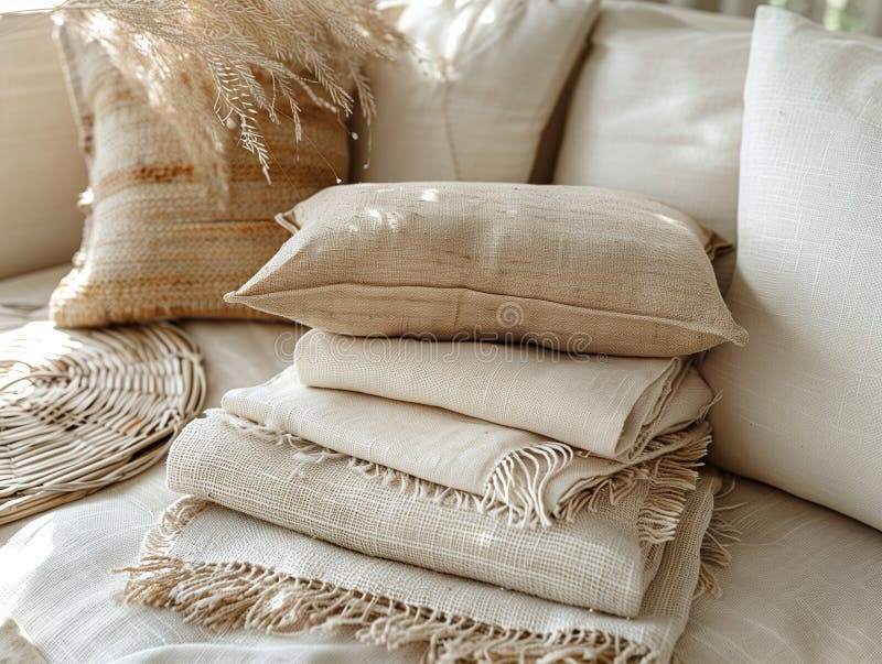 A Stack of Soft, Linen Pillows in Various Sizes and Textures, Creating ...
