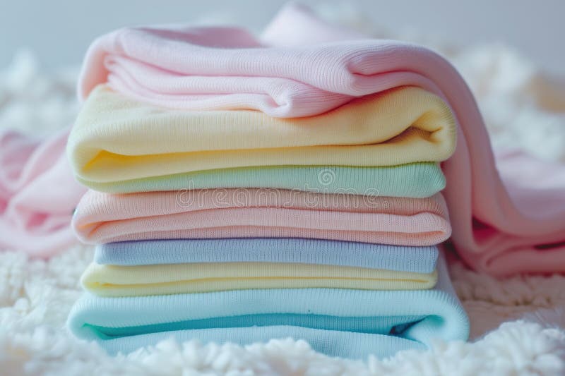 Stack of Soft Pastel Colored Baby Clothes on a White Fluffy Background ...