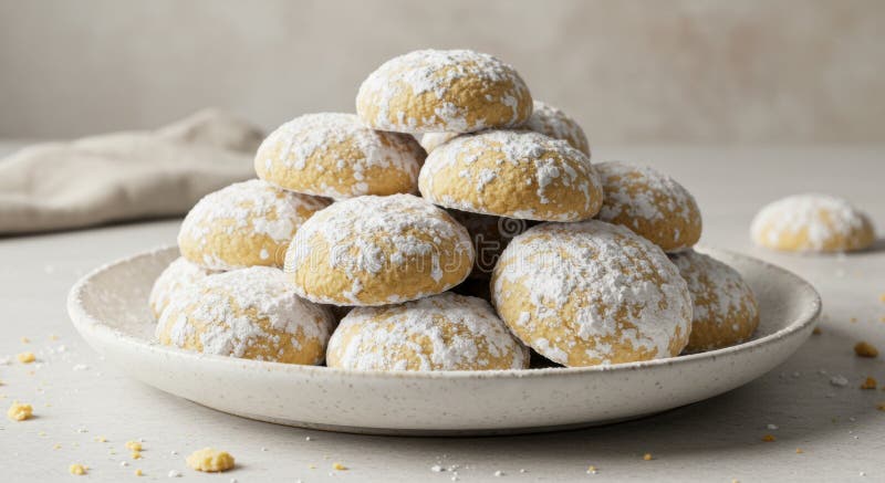 A Stack of Soft, Round Cookies Coated in Powdered Sugar on a White ...