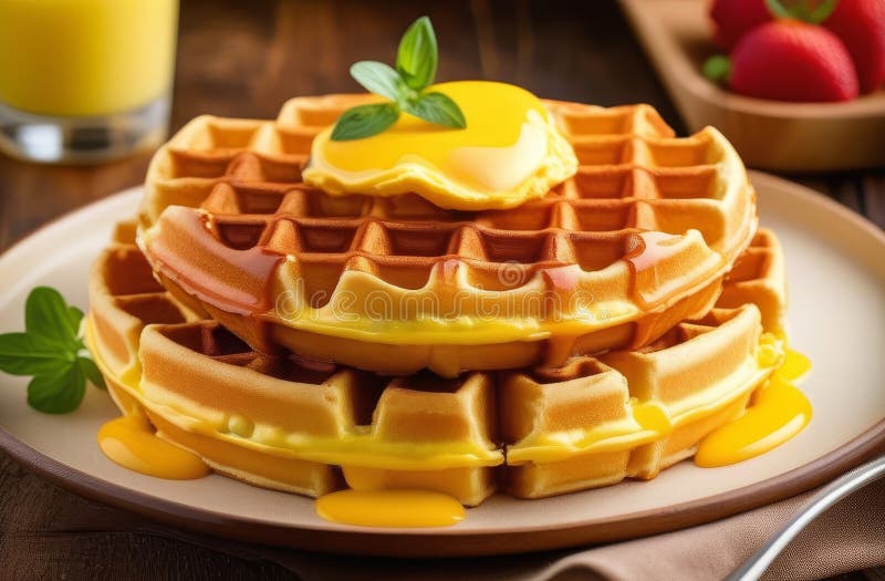 Stack of Soft Waffle Topped with Poached Eggs and Mint Leaves on a ...