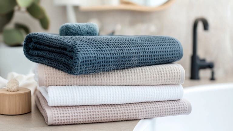 Stack of Soft Waffle Towels in Neutral Bathroom Setup for Modern Home ...
