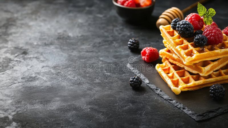 A Stack of Soft Waffles, Layered with Sweet Syrup and Fresh Berries ...