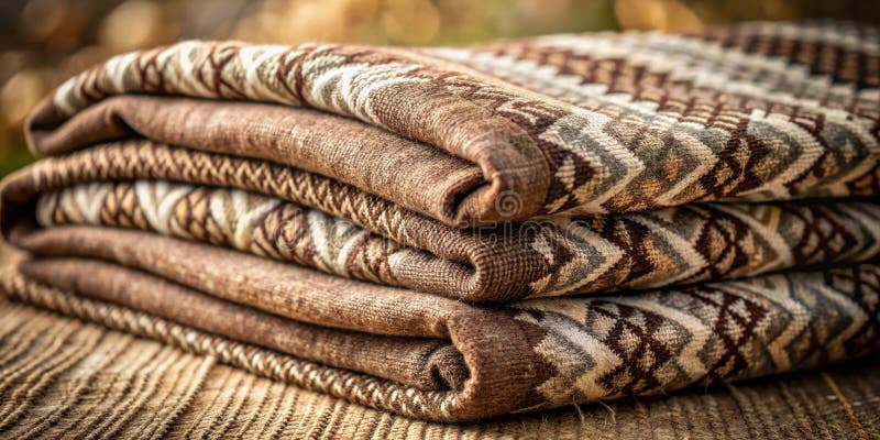 A Stack of Soft, Warm, Brown Woven Blankets with Intricate Geometric ...