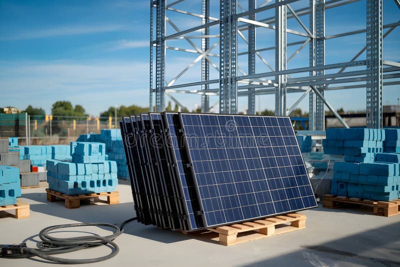 Stack of Solar Panels on Pallets, Nearby Cables, Industrial Backdrop ...