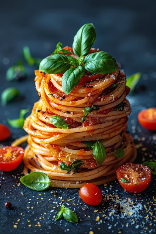 Stack of Spaghetti with Tomatoes and Basil Stock Image - Image of ...