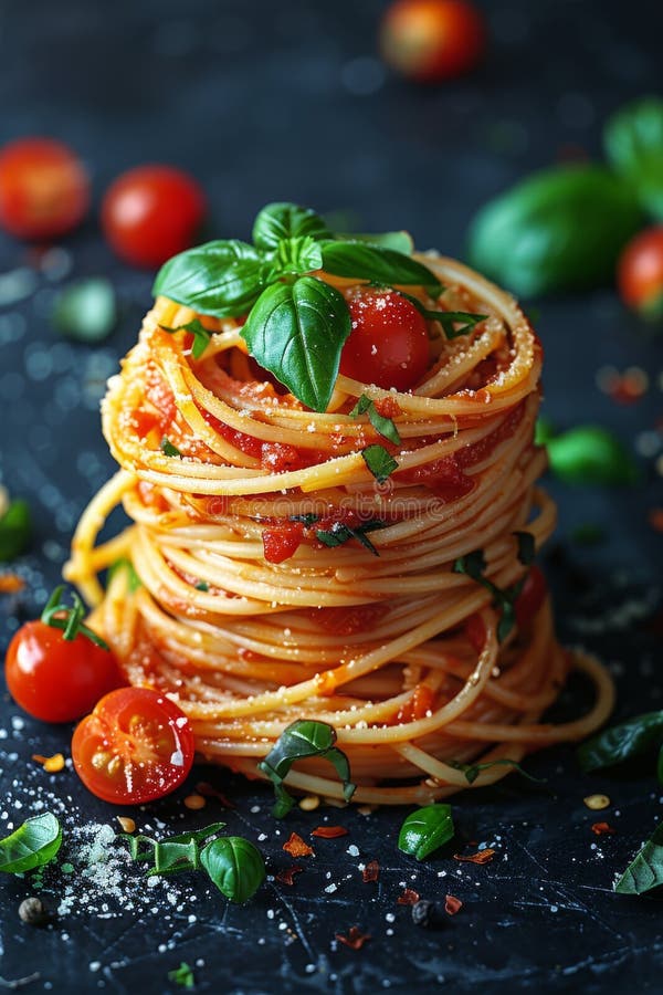 Stack of Spaghetti with Tomatoes and Basil Stock Photo - Image of meal ...