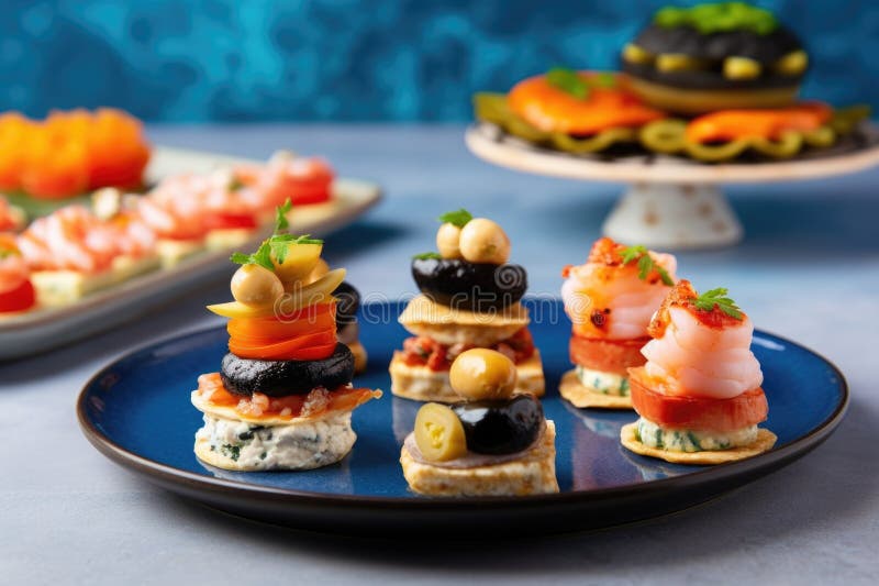 Stack of Spanish Tapas Dishes on a Blue Countertop Stock Photo - Image ...