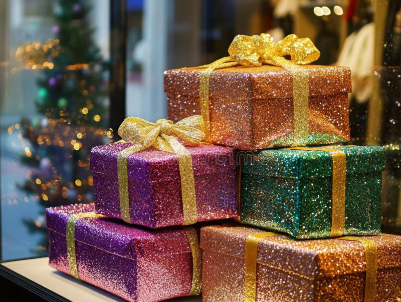Stack of Sparkling Gift Boxes in a Store Window Stock Illustration ...