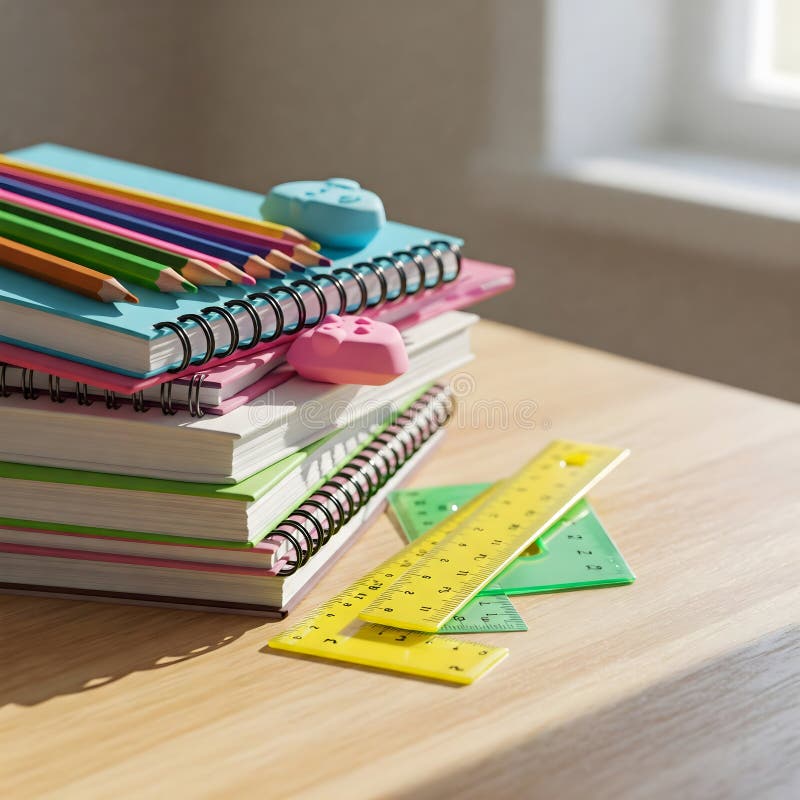 A Stack of Spiral Notebooks is Topped with Colored Pencils and Erasers ...