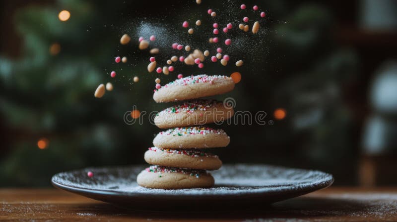 Stack of Sprinkled Cookies with Falling Confetti Stock Illustration ...