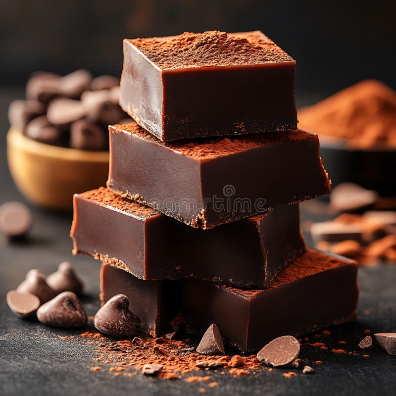 A Stack of Square Chocolate Brownies Covered in Cocoa Powder Stock ...
