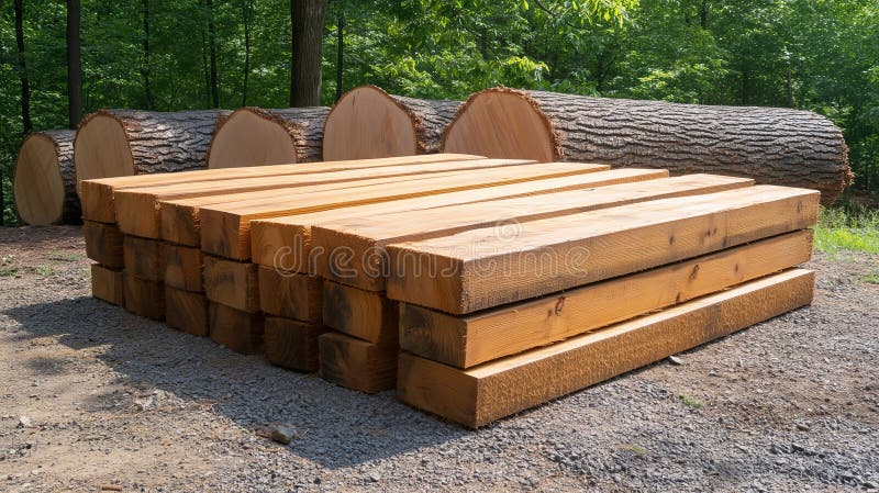 Stack of Square Cut Lumber Beams Drying in the Sun with Logs in ...