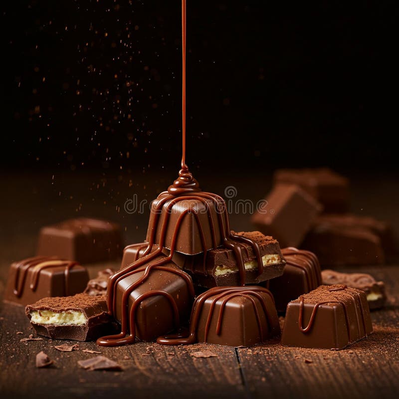 A Stack of Square Milk Chocolates Sits on a Wooden Surface, with a Rich ...