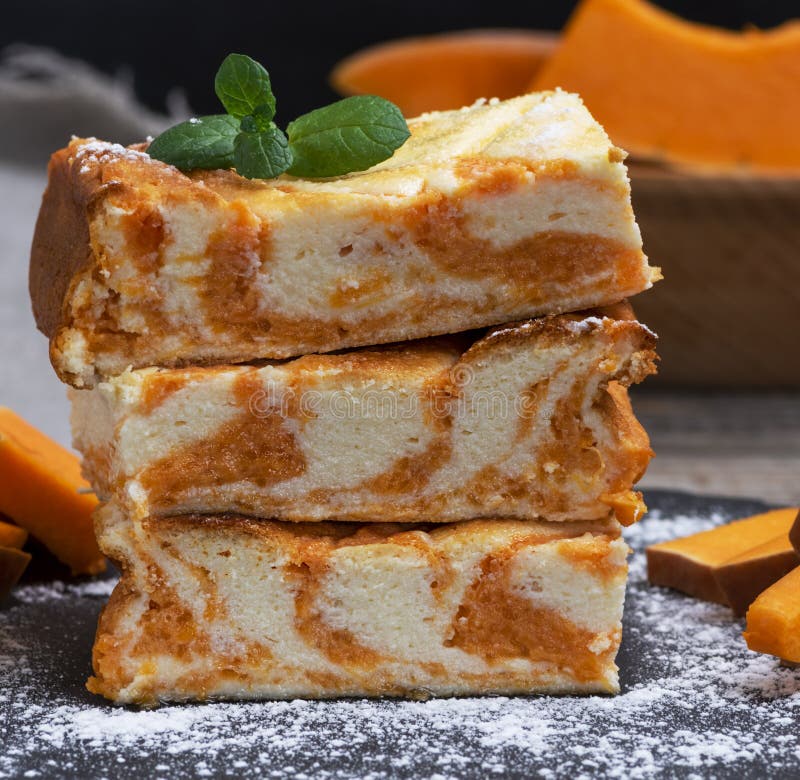 Stack of Square Pieces of Cheesecake with Pumpkin Stock Photo - Image ...