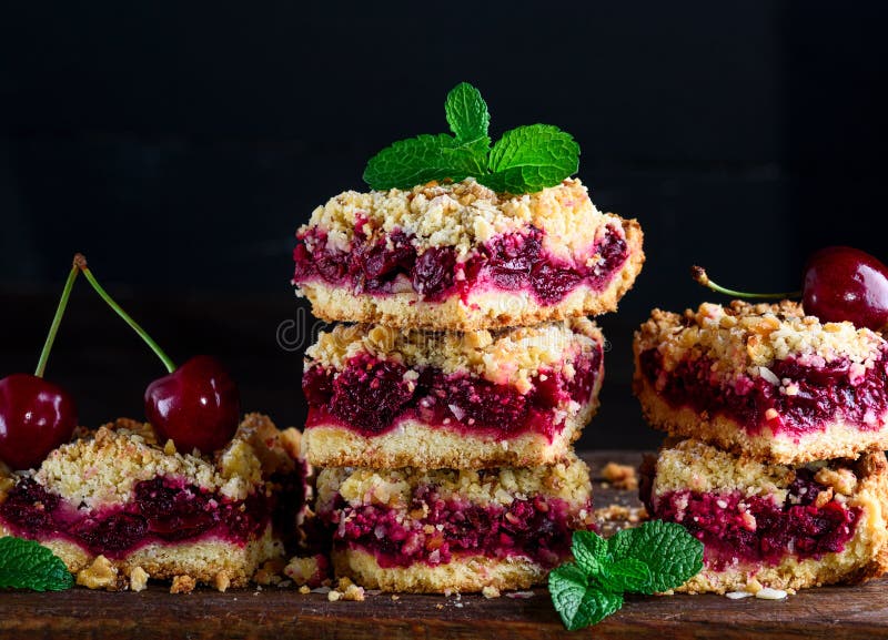 Stack of Square Slices of a Pie with a Cherry Stock Photo - Image of ...