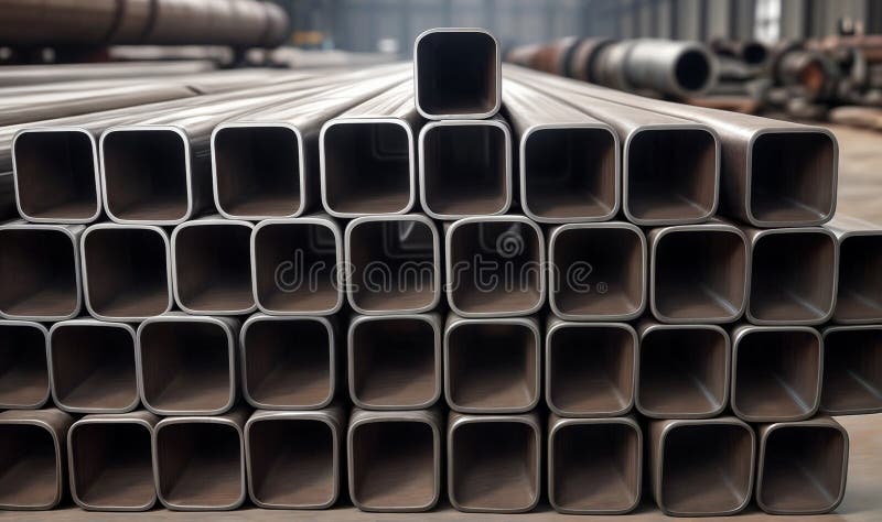 In Warehouse Stack of Square Steel Pipes are Stacked on Top of Each ...