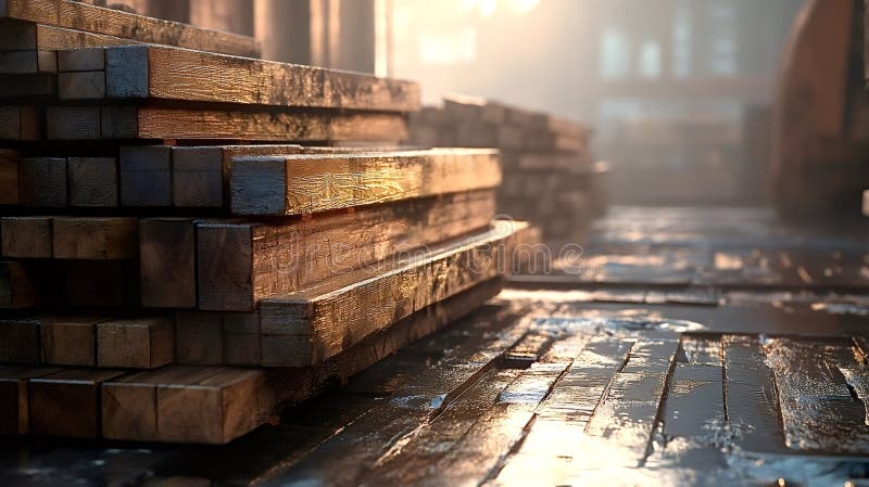 Stack of Square Timber Beams Drying in the Sun in Lumberyard Stock ...