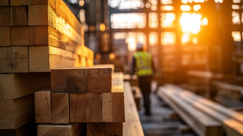 Stack of Square Timber Beams at Sunset in Lumber Processing Factory ...