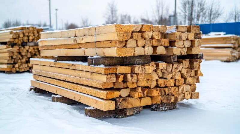 Stack of Squared Timber Outdoors in Winter. Wooden Boards Pile for ...