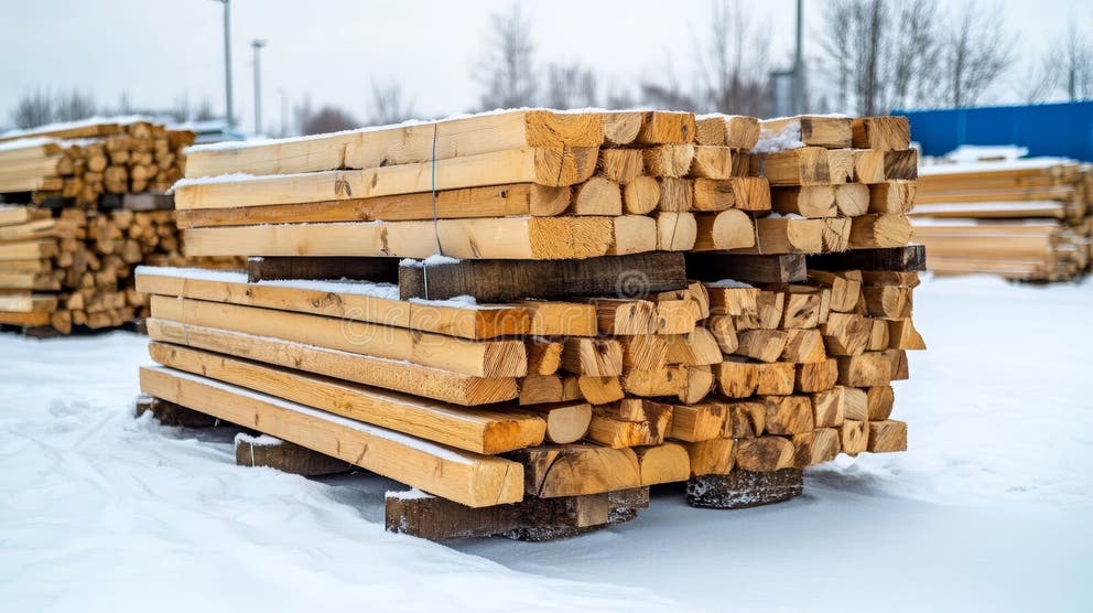 Stack of Squared Timber Outdoors in Winter. Wooden Boards Pile for ...