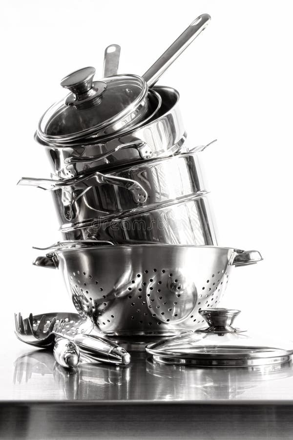 Stack with Stainless Steel Pots and Pans on White Stock Photo - Image ...